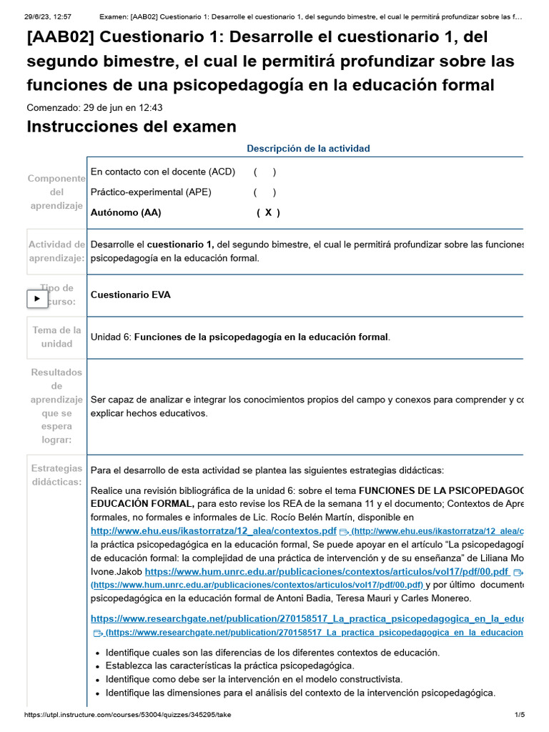 Examen - (AAB02) Cuestionario 1 - Desarrolle El Cuestionario 1, Del Segundo Bimestre, El Cual Le ...