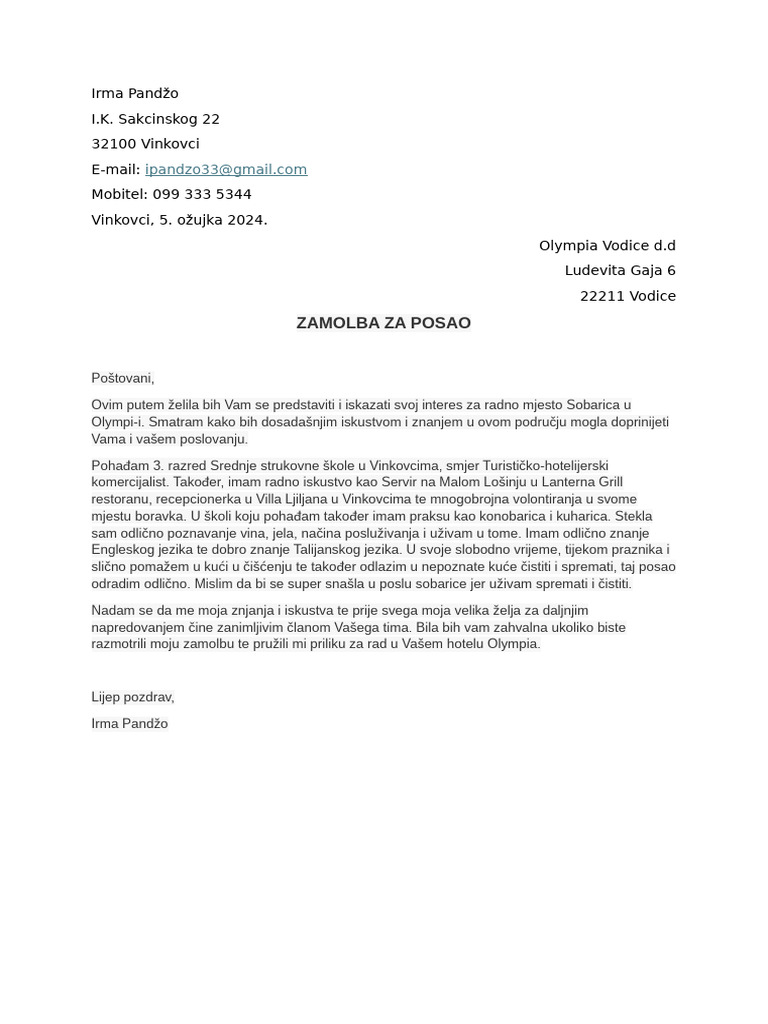 Zamolba Za Posao - Irma Pandžo | PDF