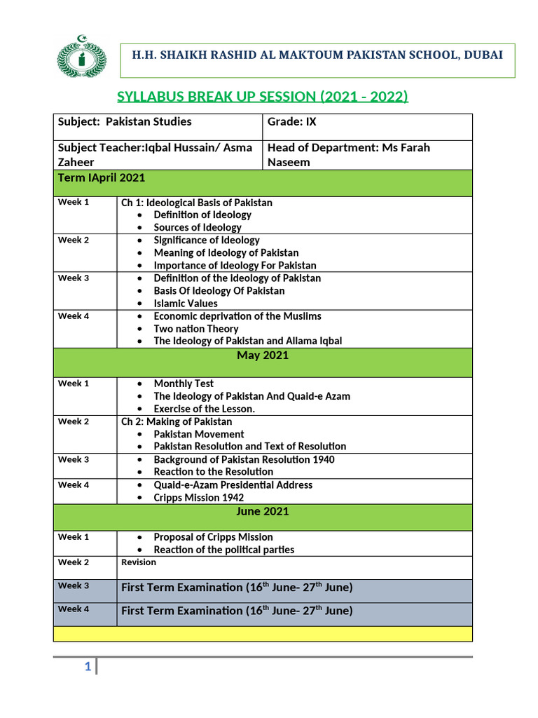 GR 9th, Pak Studies Syllabus Break-Up | PDF | Pakistan | Muhammad Ali Jinnah
