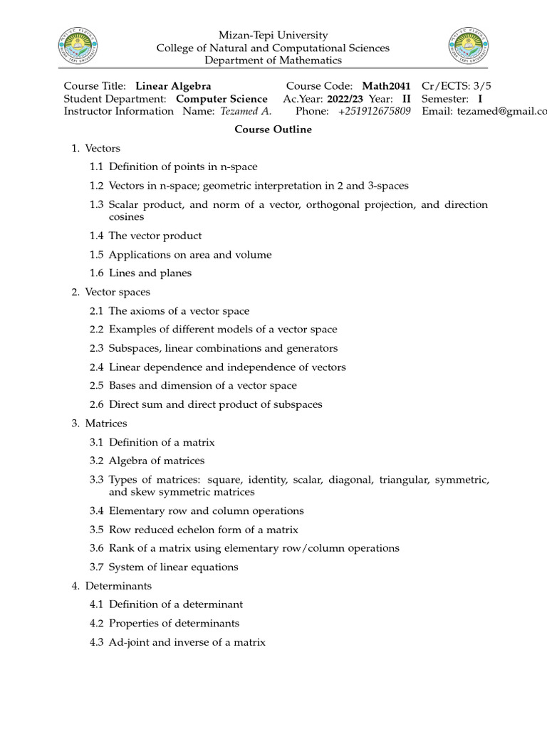 Linear Algebra Course Outline | PDF | Matrix (Mathematics) | Vector Space