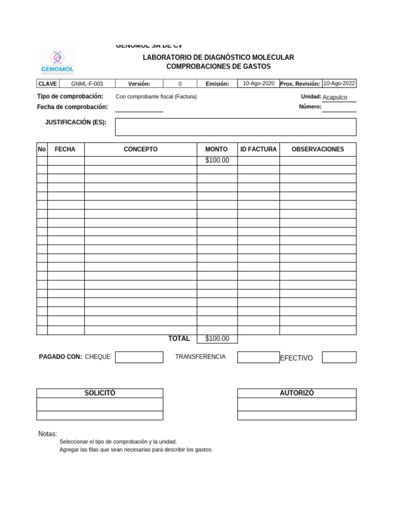 GNML-F-003 Ver 00 Comprobaciones de Gastos | PDF