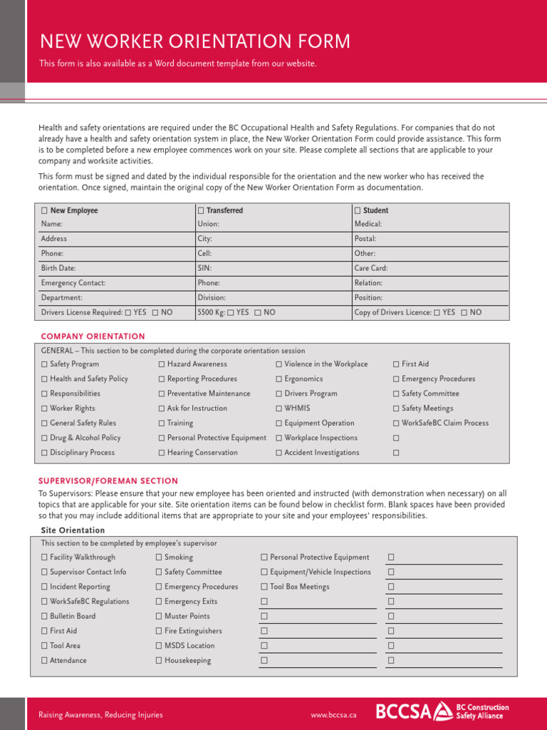 New Worker Orientation Form: This Form Is Also Available As A Word ...