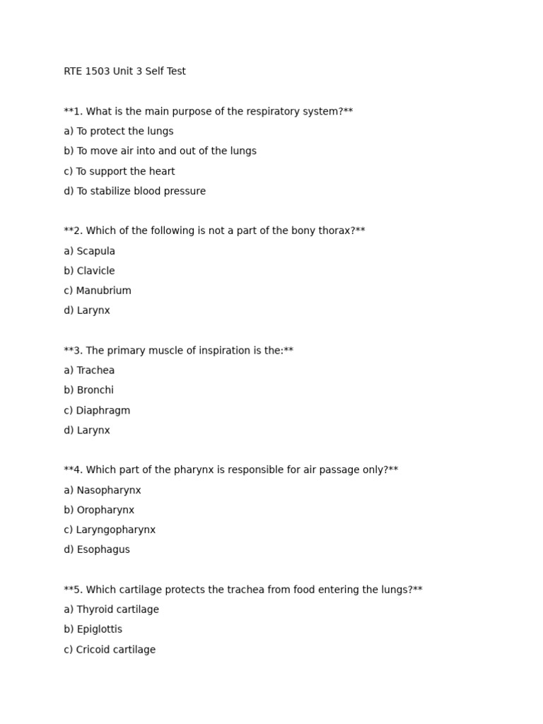 RTE 1503 Unit 3 Self Test | PDF | Thorax | Lung