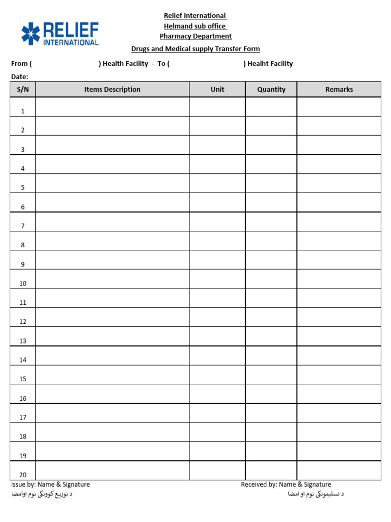Shift Form and Medicine Transfar Form | PDF