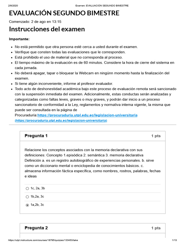 Examen EvaluaciÓn Segundo Bimestre Pdf Memoria Aprendizaje