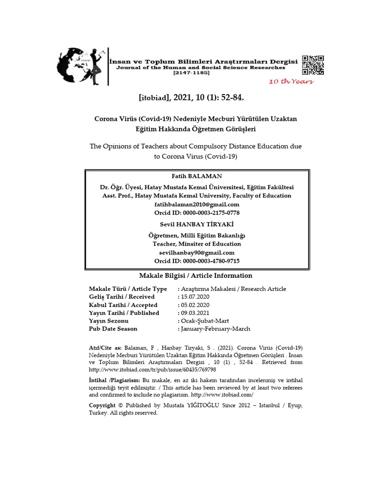 Balaman, F., & Hanbay Tiryaki, S. (2021) . | PDF