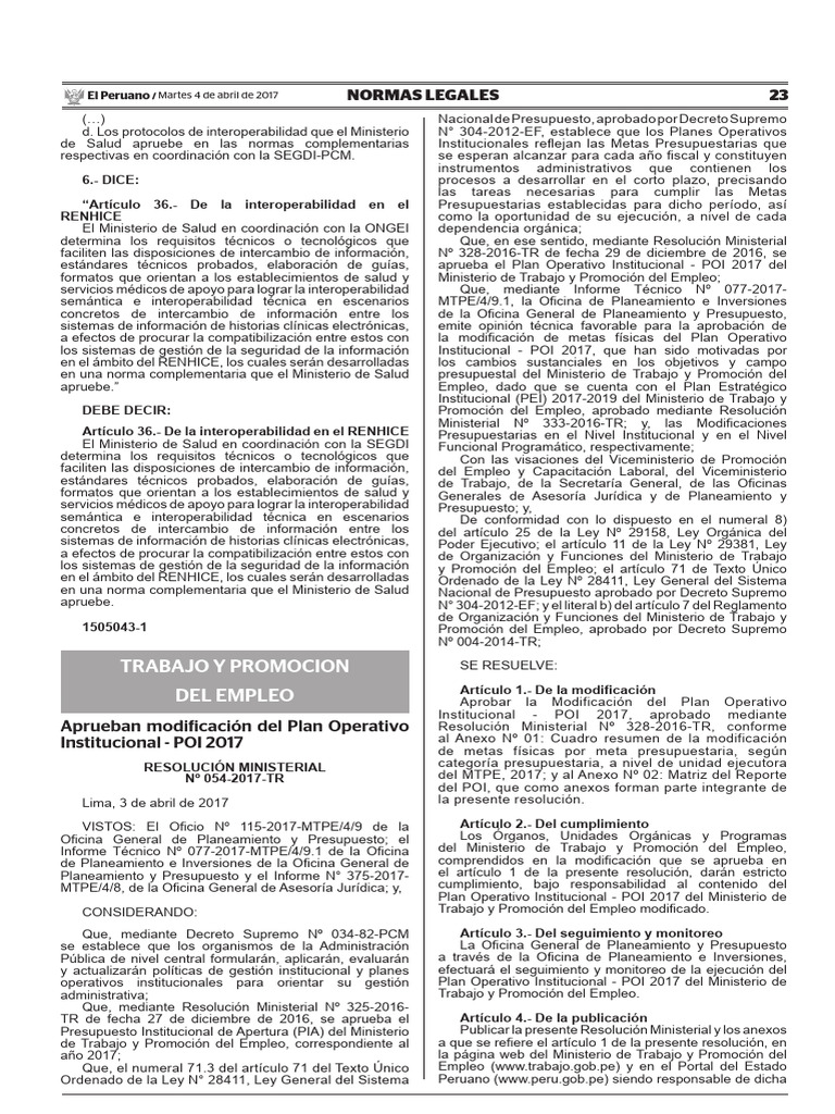 RM 1a Modificación POI 2017 | PDF | Presupuesto | Planificación