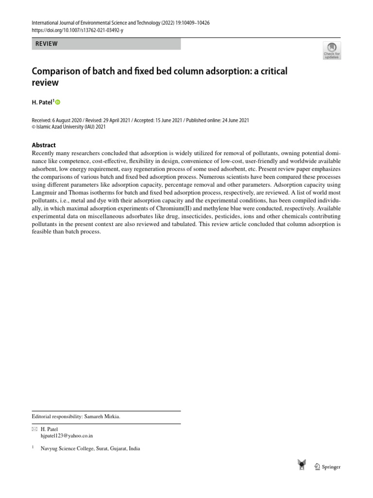 Comparison of Batch and Fixed Bed Column Adsorption: A Critical Review ...