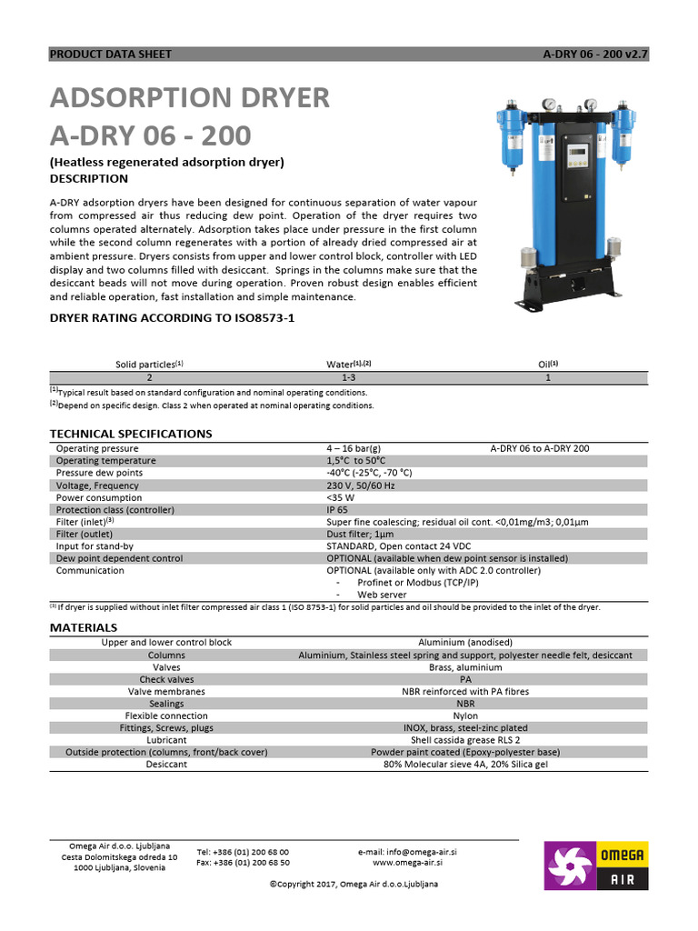 Omega Air Product Data Sheet Adsorption Dryer A-DRY 06-200 v2.7 | PDF ...