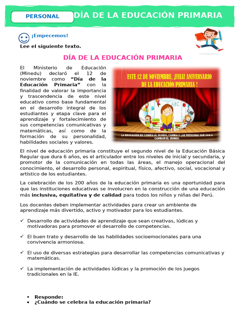 D1 A2 FICHA PS. DÍA DE LA EDUCACIÓN PRIMARIA Oki Doki | PDF | Educación primaria | Modificación ...