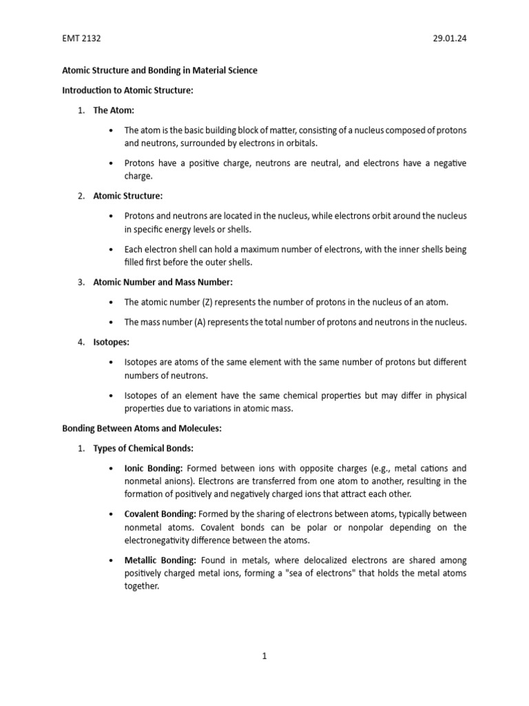 EMT 2132 Atomic Structure and Bonding in Material Science | PDF ...
