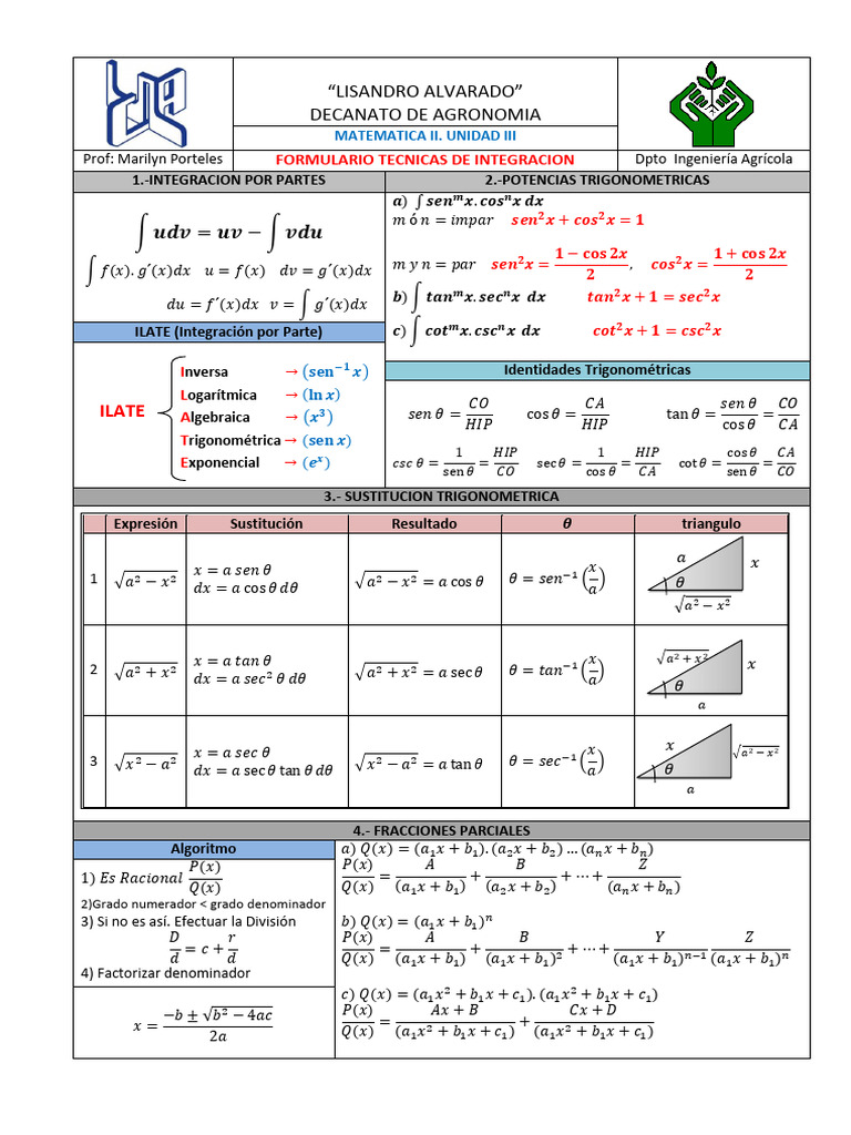 Formulario de Técnicas de Integración | PDF | Análisis matemático | Matemática Elemental
