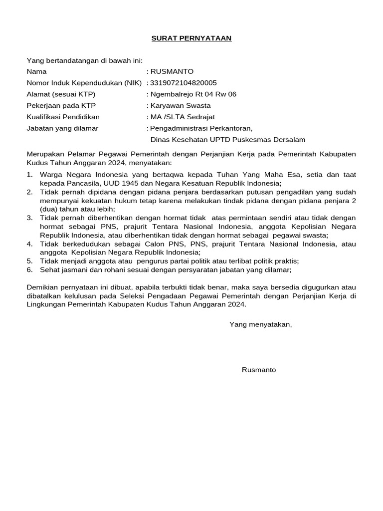 SURAT PERNYATAAN RUsmanto | PDF