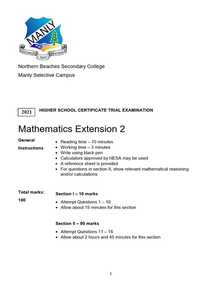 2021 Manly Selective Campus - X2 - Trial - Questions | PDF | Complex ...