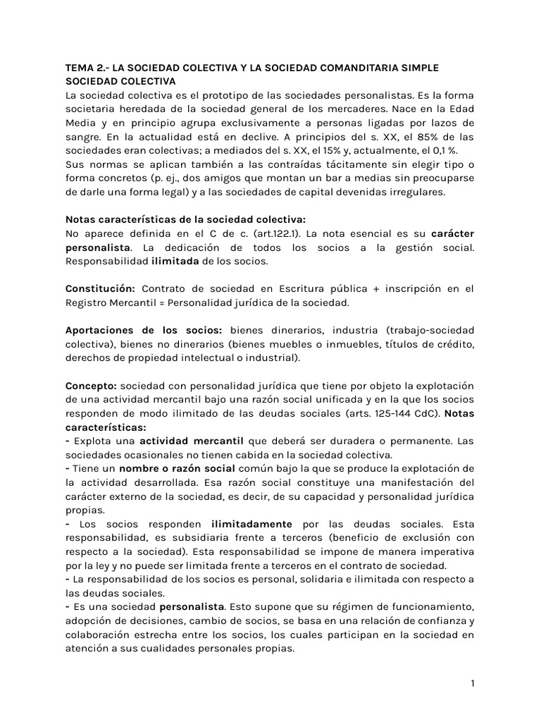 Tema 2. - La Sociedad Colectiva y La Comanditaria Simple | PDF | Sociedad General | Liquidación