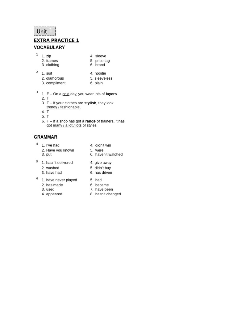 Unit 1 Extra Practice Answer Key | PDF
