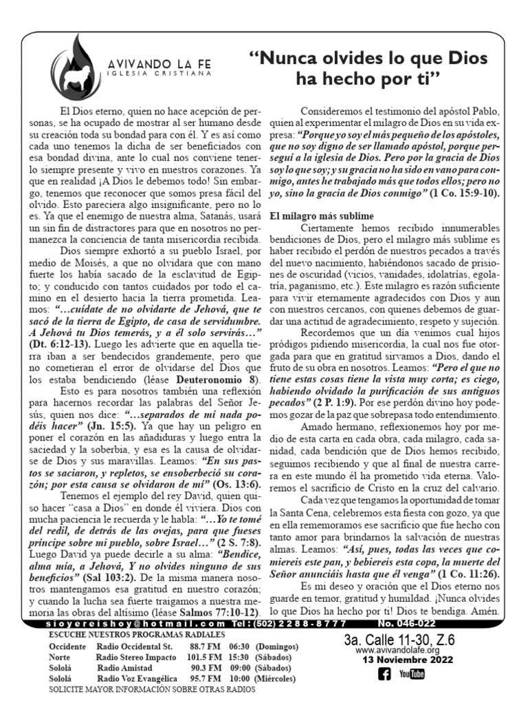 "Nunca Olvides Lo Que Dios Ha Hecho Por Ti": Avivando La Fe | PDF | eucaristía | Dios