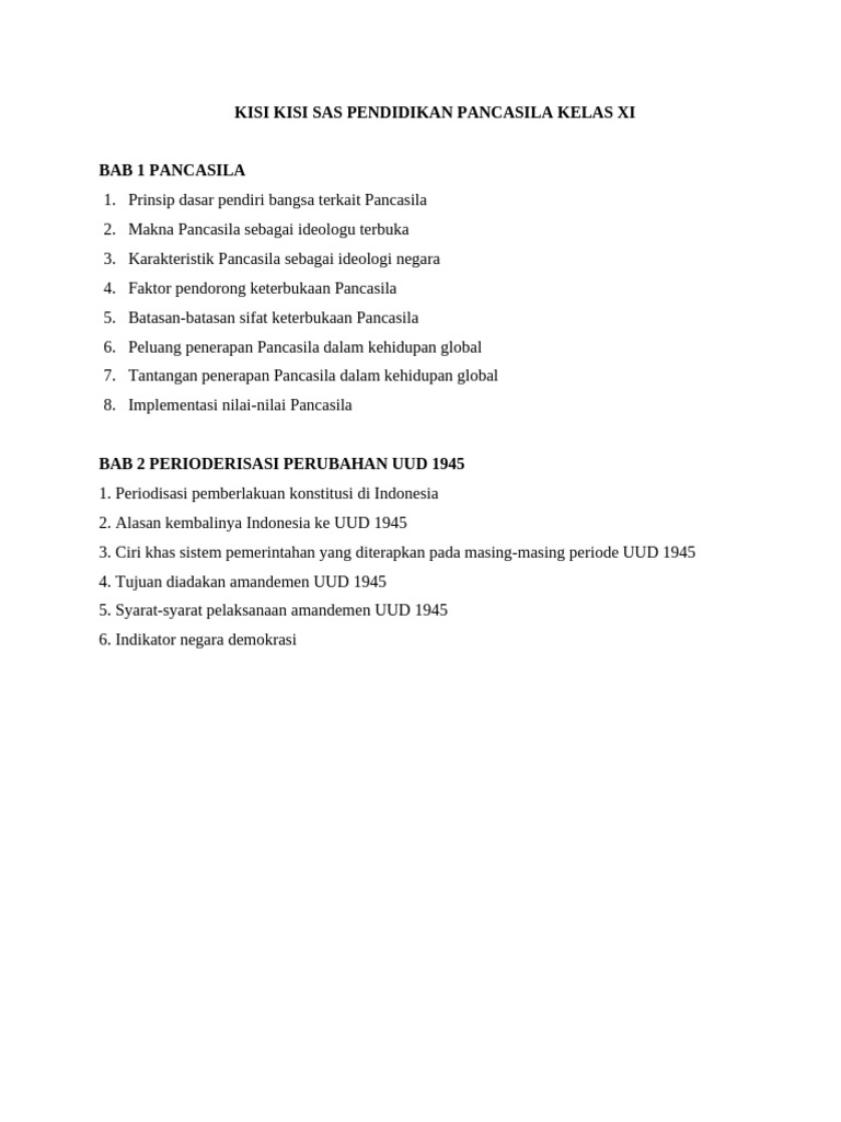 Kisi Kisi Sas Pendidikan Pancasila Kelas Xi | PDF