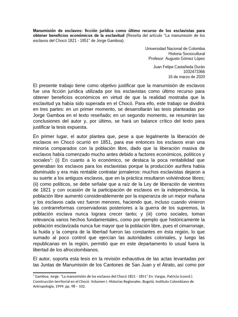 Reseña 1 - 1032473366 - La Manumisión de Los Esclavos Del Chocó 1821 ...