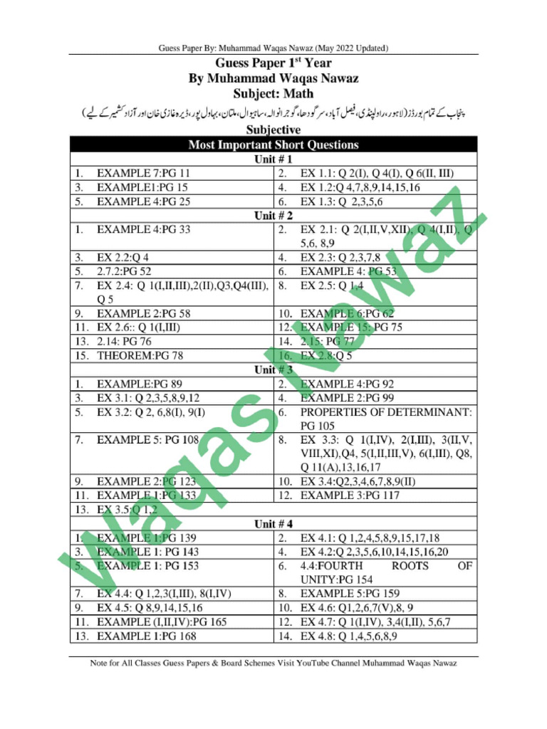 1st Year Math Guess Paper 2022 (Waqas Nawaz) | PDF