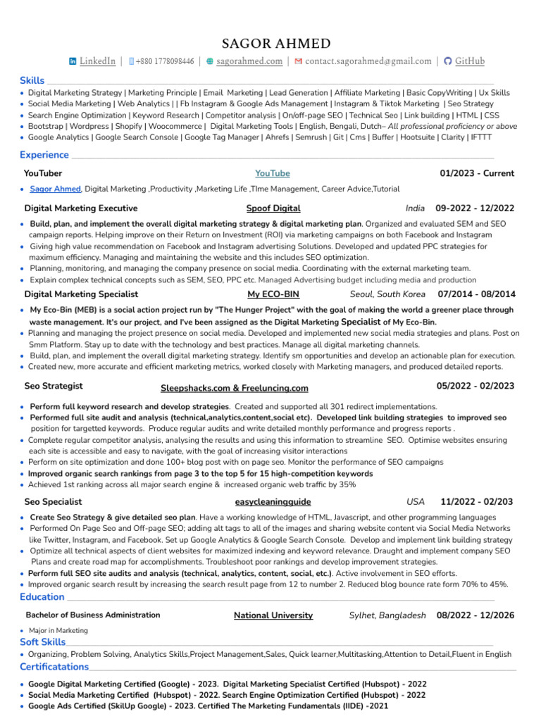 Digital Marketing Resume of Sagor Ahmed | PDF | Search Engine Optimization | Digital Marketing