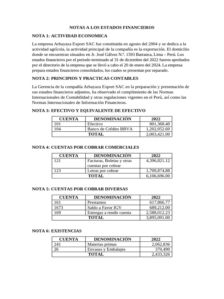 Notas A Los Estados Financieros | PDF | Estado financiero | Contabilidad