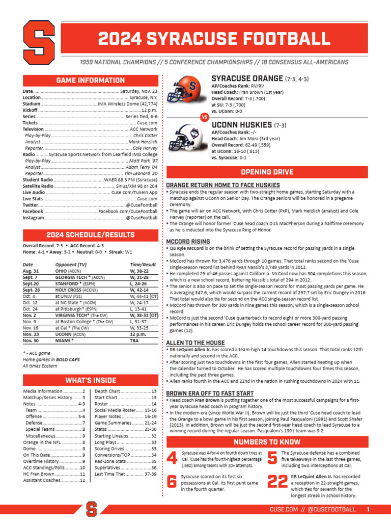 Syracuse Uconn Game Notes | PDF | Sports | American Football