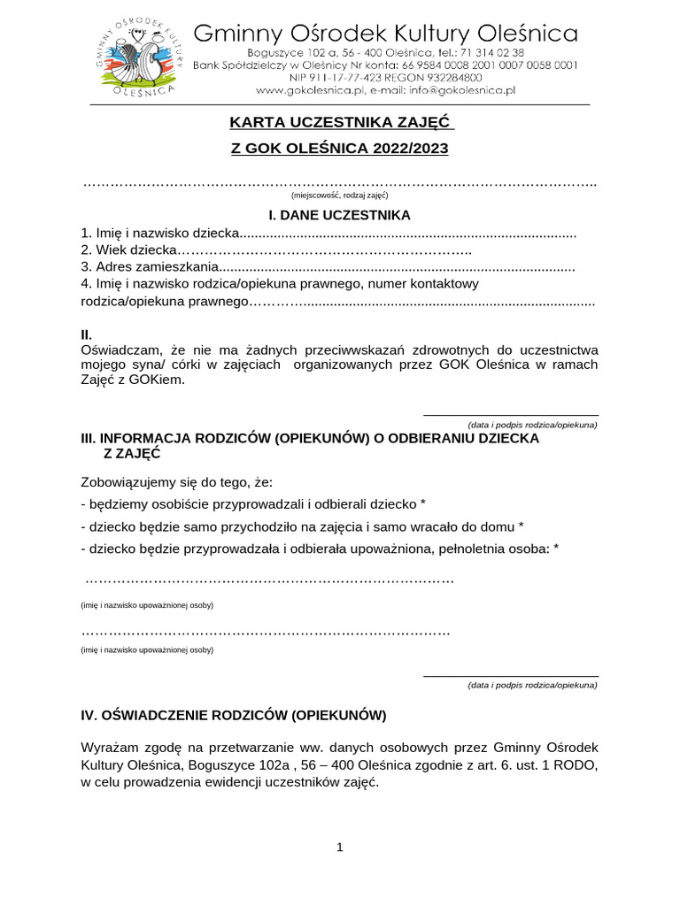 Karta Zgloszeniowa Zajecia 22 231663308857 2 | PDF