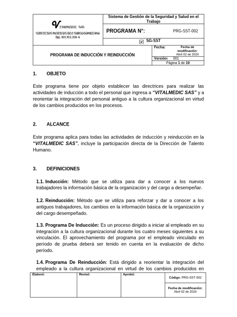 PRG-SST-002 Programa de Inducción y Reinducción | PDF | Business