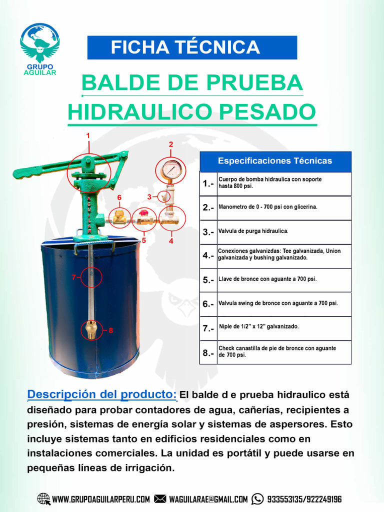 Balde de Prueba Hidraulico Pesado Ficha Tecnica Grupo Aguilar | PDF