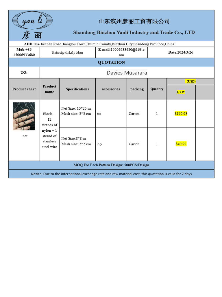 Shandong Binzhou Yanli Industry and Trade Co., LTD: Davies Musarara ...