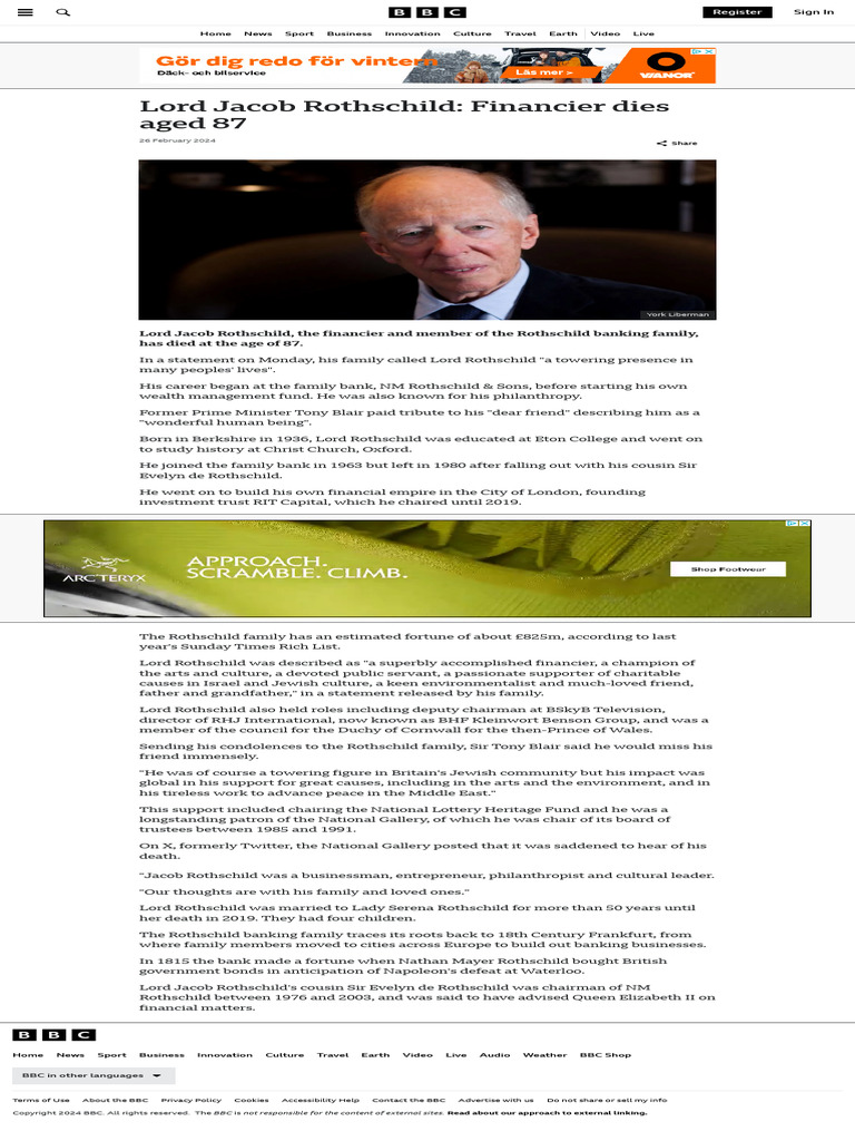 Lord Jacob Rothschild Financier Dies Aged 87 | PDF | Rothschild Family