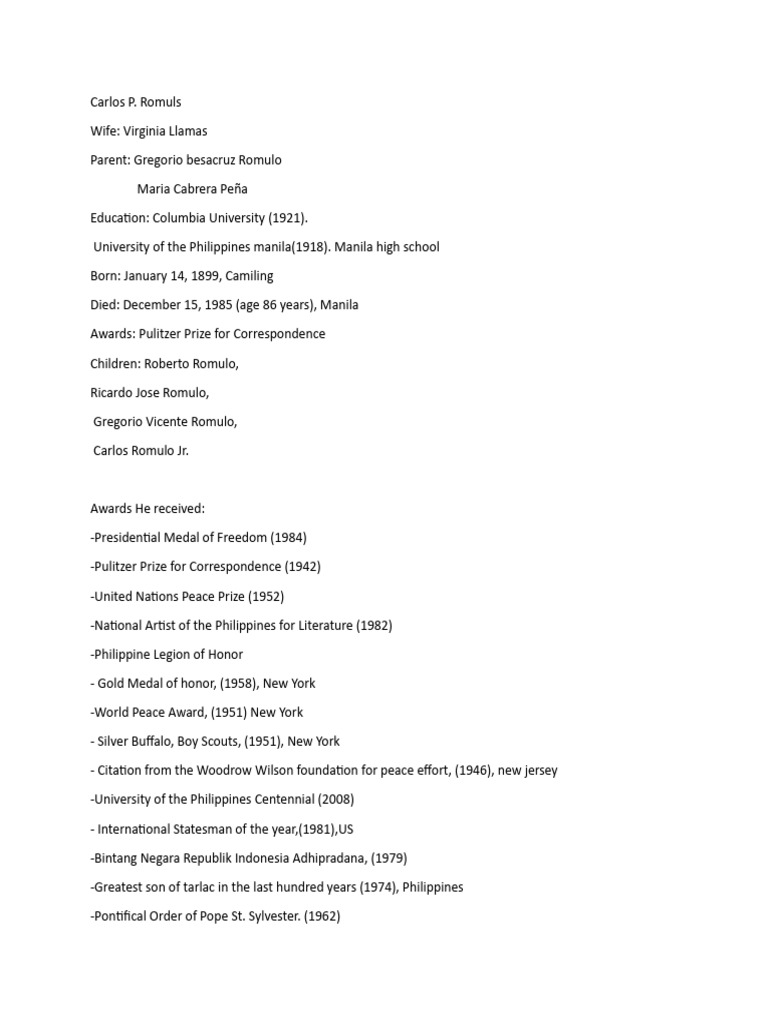 Carlos P. Romulo: Awards & Legacy | PDF