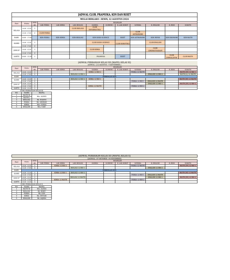 Jadwal Averos Kegiatan Siang Dan Sore Gasal 2024 | PDF
