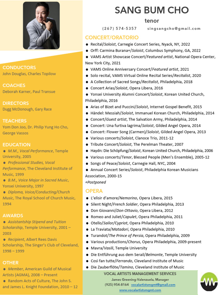 Cho New Resume | PDF | Opera | Classical Music