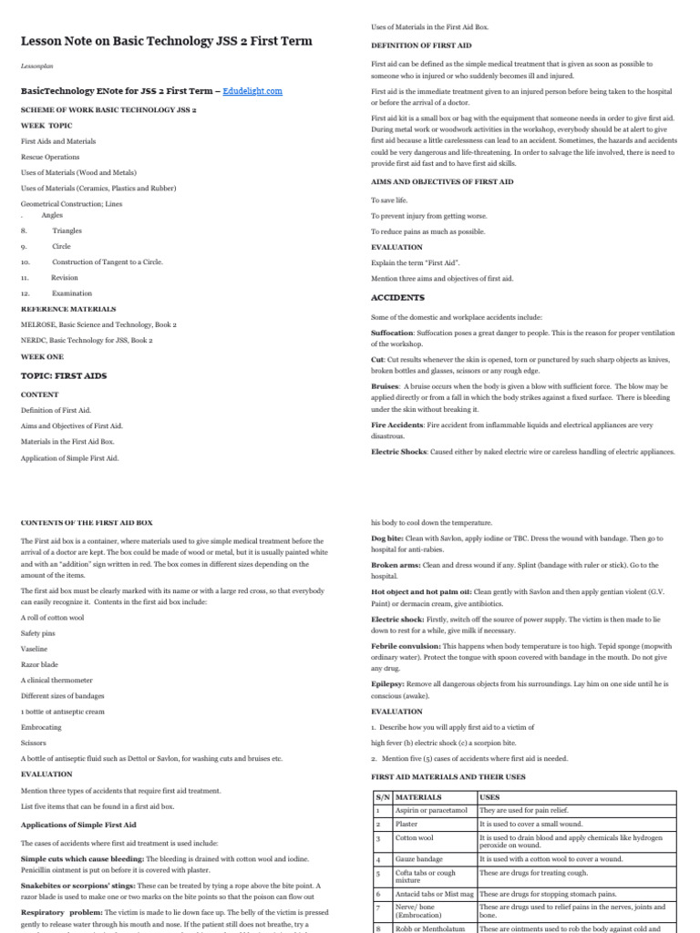 Lesson Note On Basic Technology JSS 2 First Term | PDF | Natural Rubber | Brass