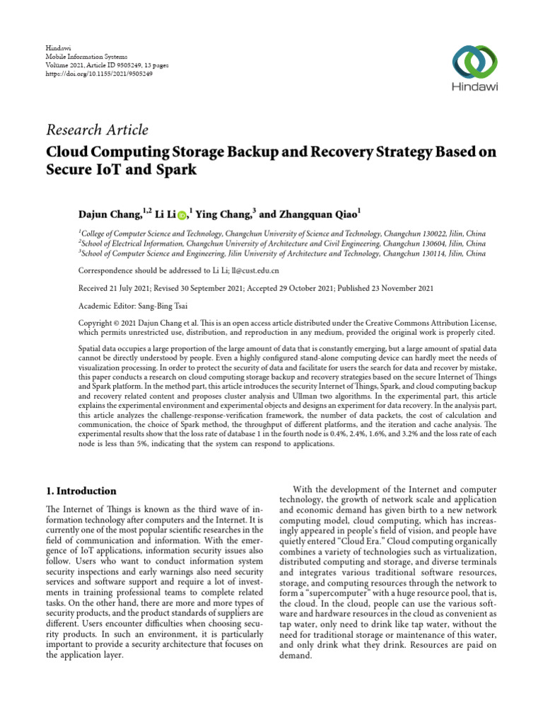 Mobile Information Systems - 2021 - Chang - Cloud Computing Storage Backup and Recovery Strategy ...