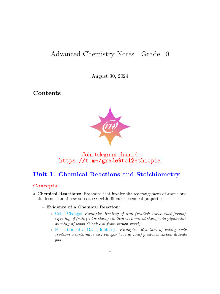 Advanced Chemistry Notes Grade 10 Unit 1 | PDF | Stoichiometry | Redox