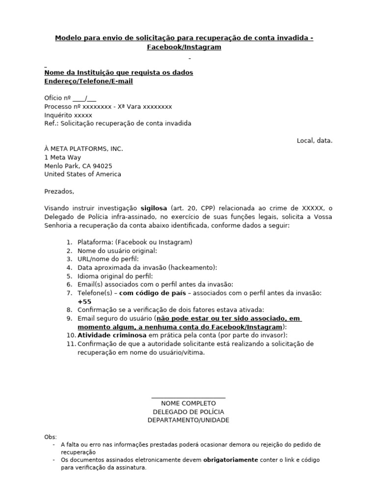 Solicitação de Recuperação de Conta Invadida | PDF