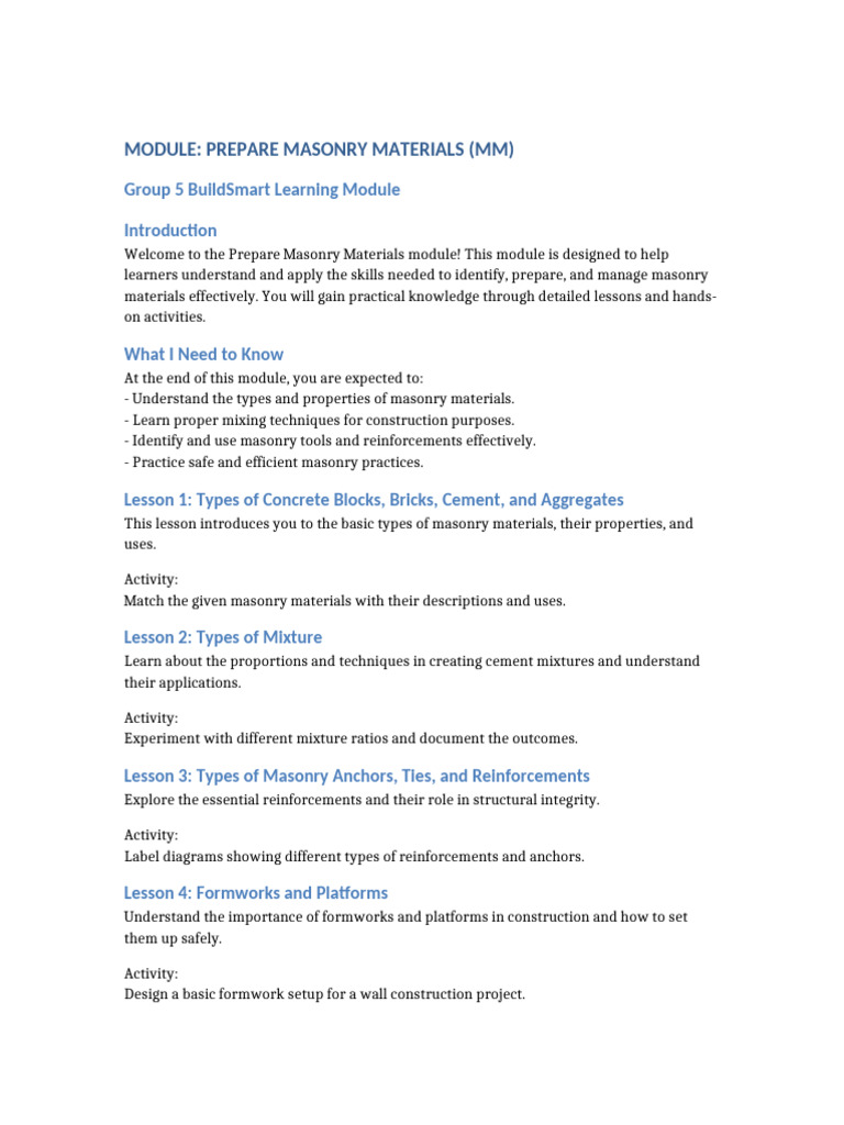 Prepare Masonry Materials Module Group 5 | PDF