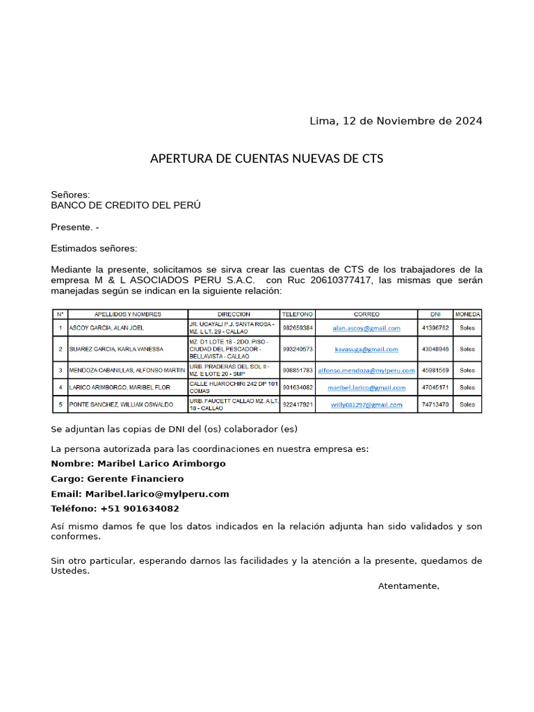 Carta Modelo Apertura Cts Individual Masiva | PDF | Negocios | Finanzas y dinero