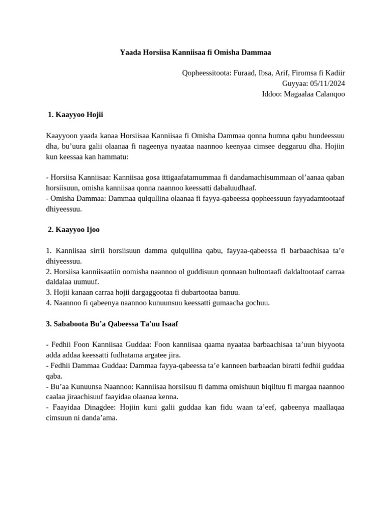 Yaada Horsiisa Kanniisaa Fi Omisha Dammaa | PDF