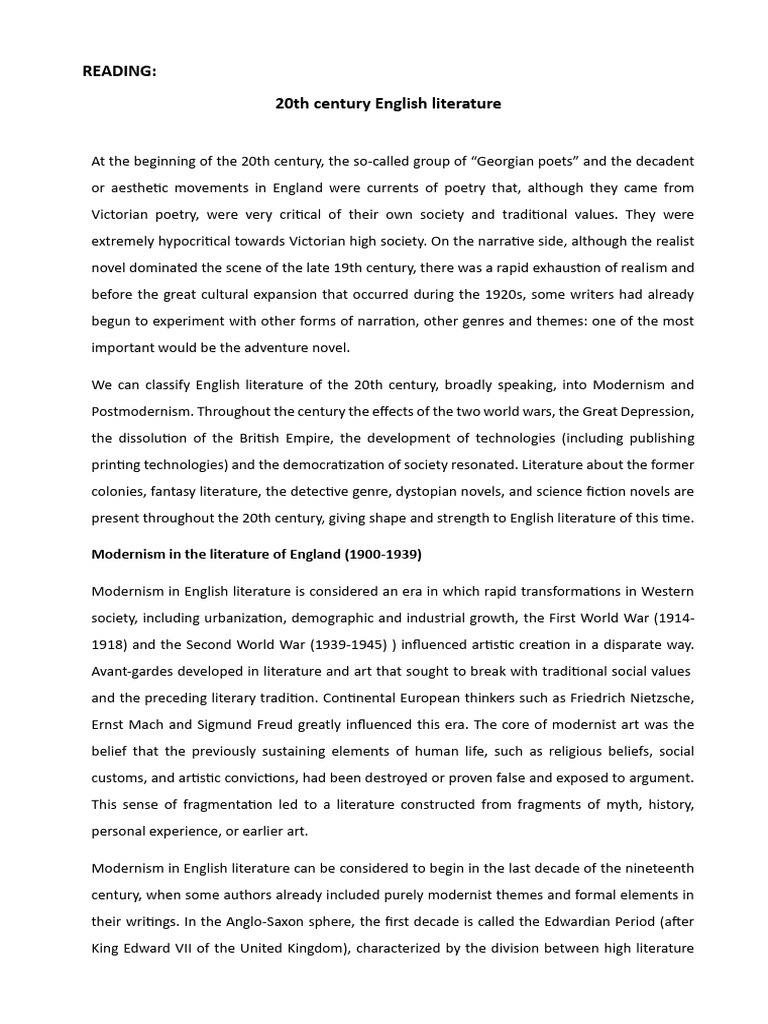 20th Century English Literature Overview | PDF | History | Classics