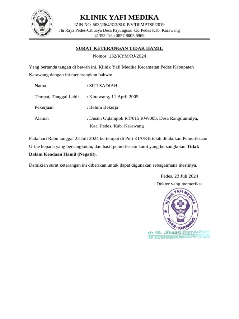 Surat Keterangan Tidak Hamil | PDF