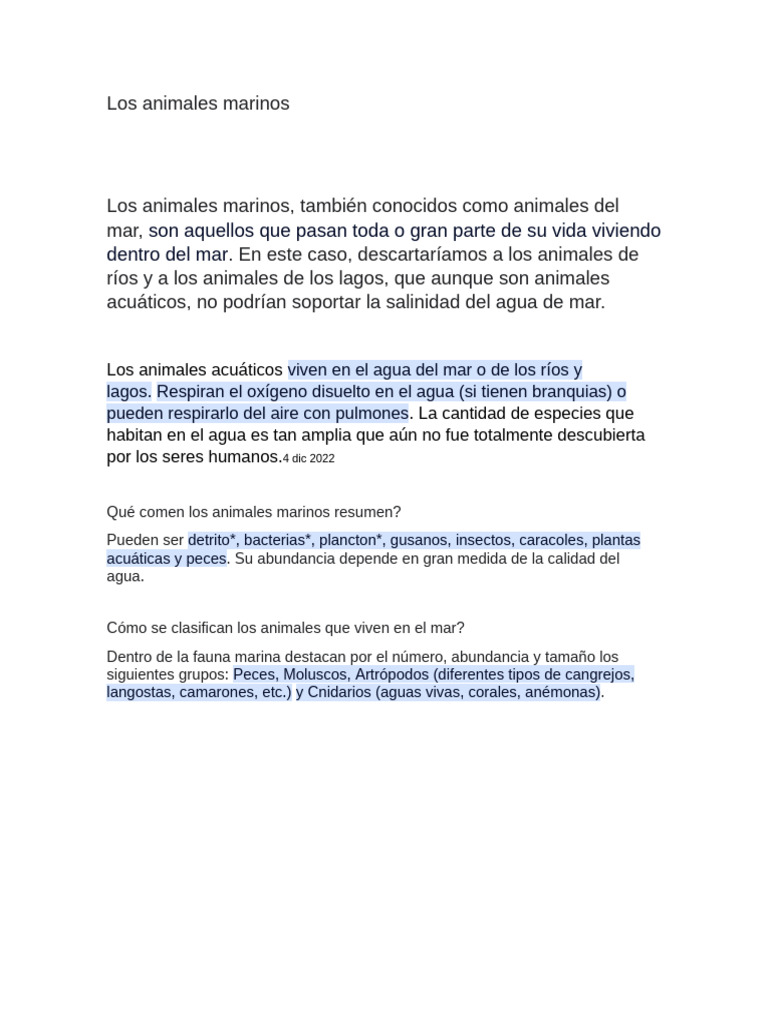 Los Animales Marinos | PDF | Hogar, jardinería y bricolaje | Ciencia y ...