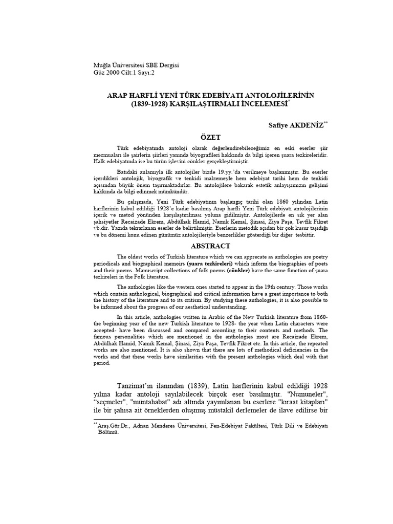 Arap Harfli Yeni T - RK Edebiyat - Antolojilerinin (1839-1928) Kar - La - T - Rmal - Ncelemesi ...