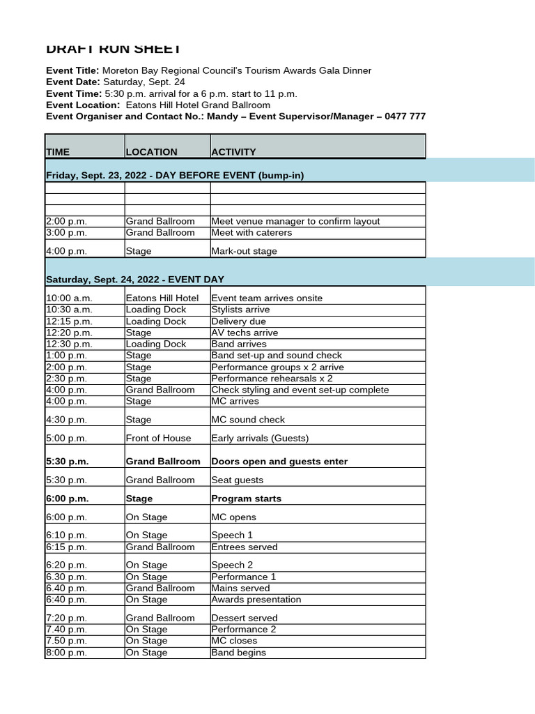 Task 3 - Model Answer - Draft Run Sheet - DRAFT | PDF