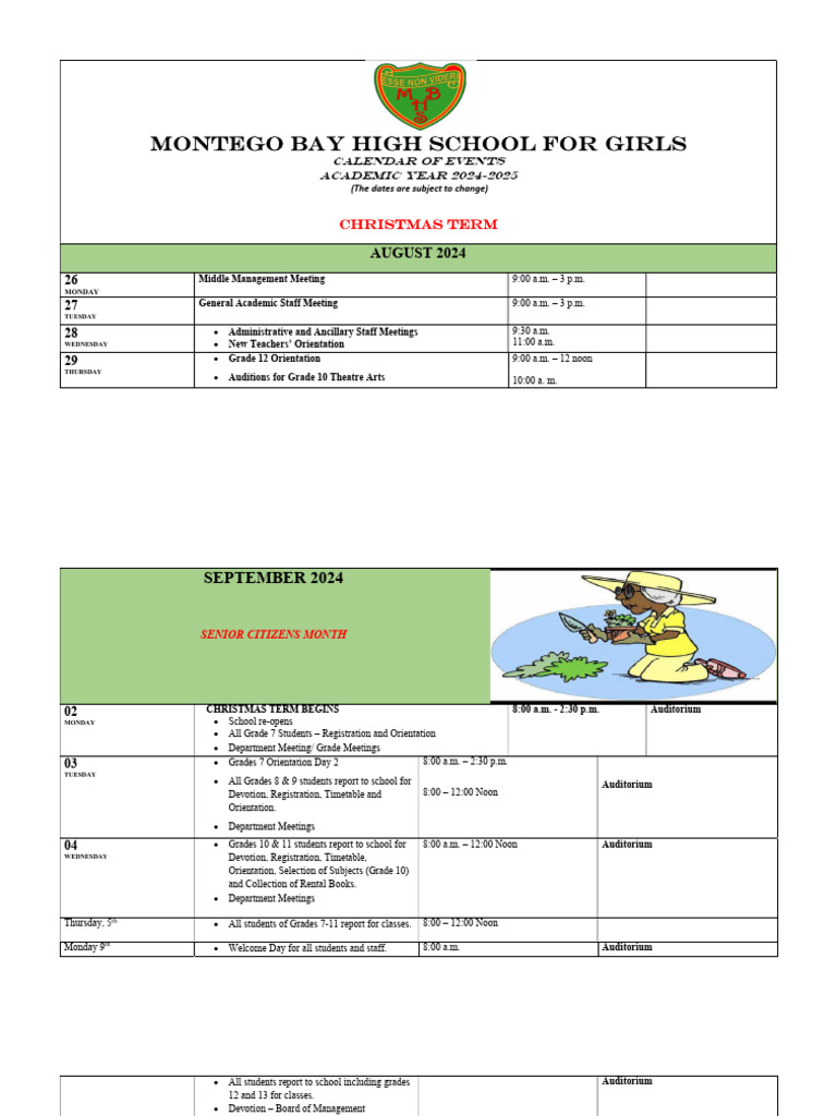Montego Bay High School Events Calendar 2024-2025 | PDF | Easter