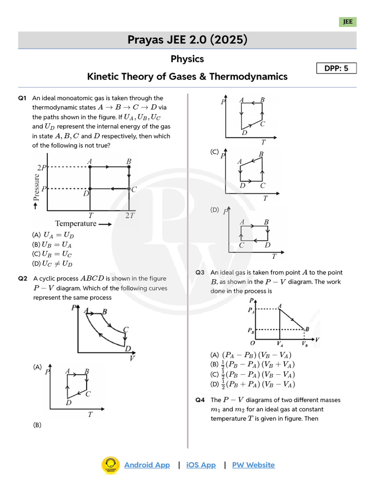 KTG and Thermodynamics DPP 05 Prayas JEE 2.0 2025 | PDF | Gases | Applied Probability