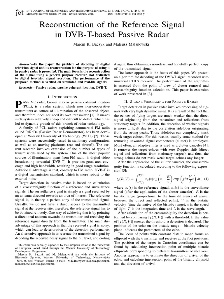 Reconstruction of The Reference Signal in DVBT Passive Radar | PDF ...
